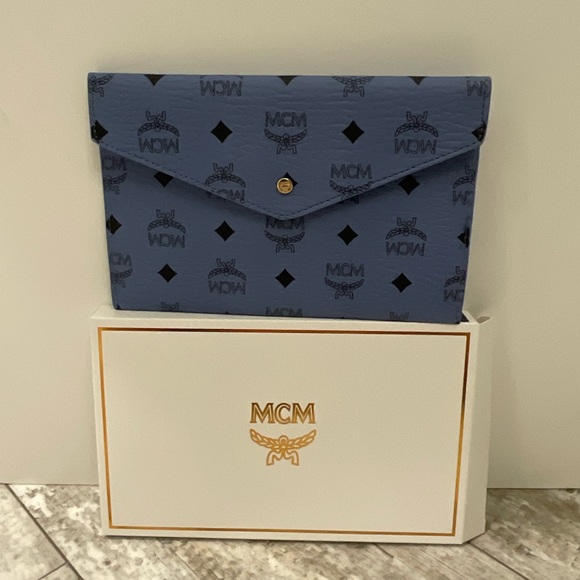 MCM | Bags | Nib Mcm Envelope Pouch Clutch Blue Visetos In Blue Gwp ...